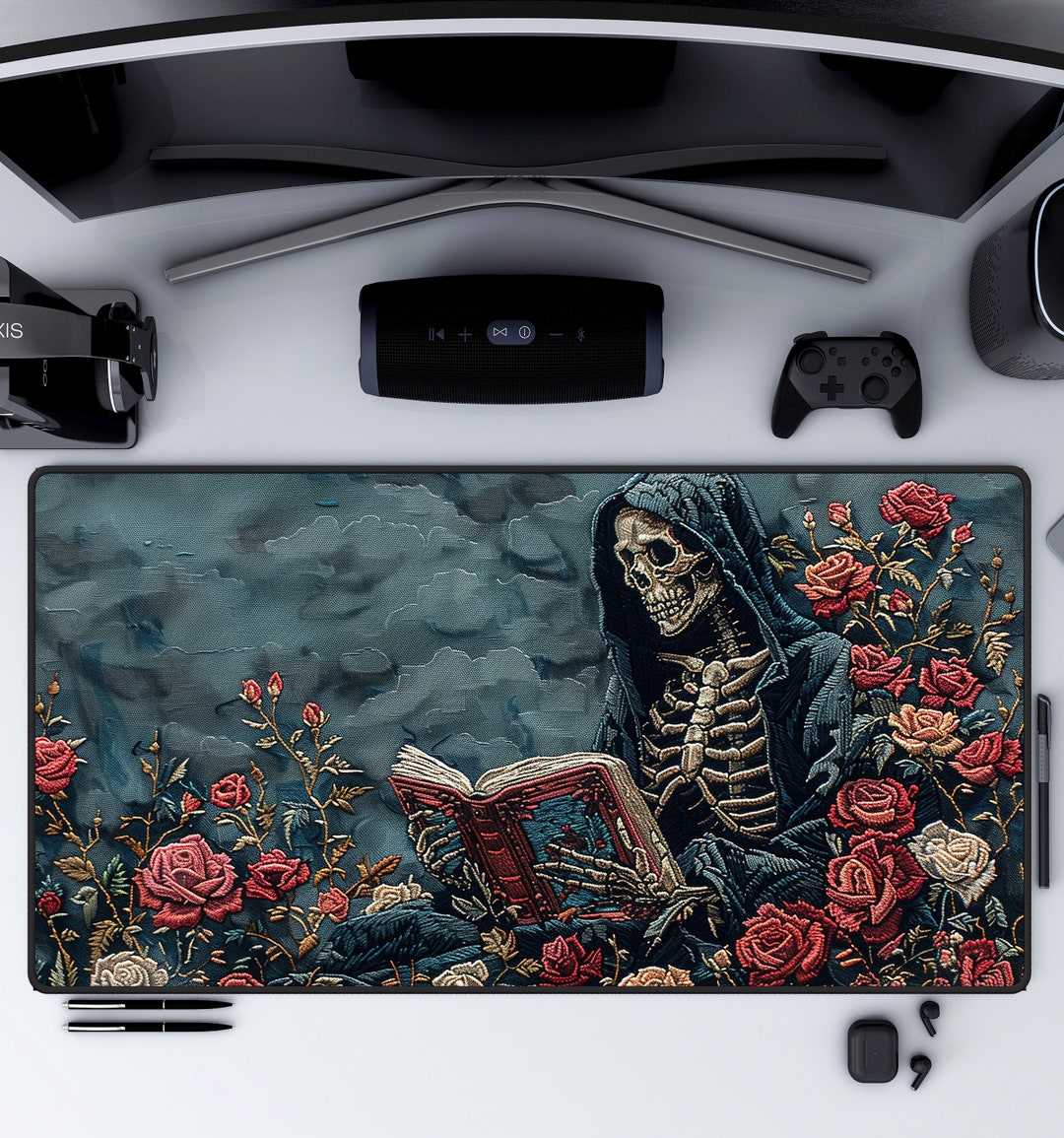 Skull Desk Mat, Dark Academia Deskmat, Floral Skeleton Reading a Book ...
