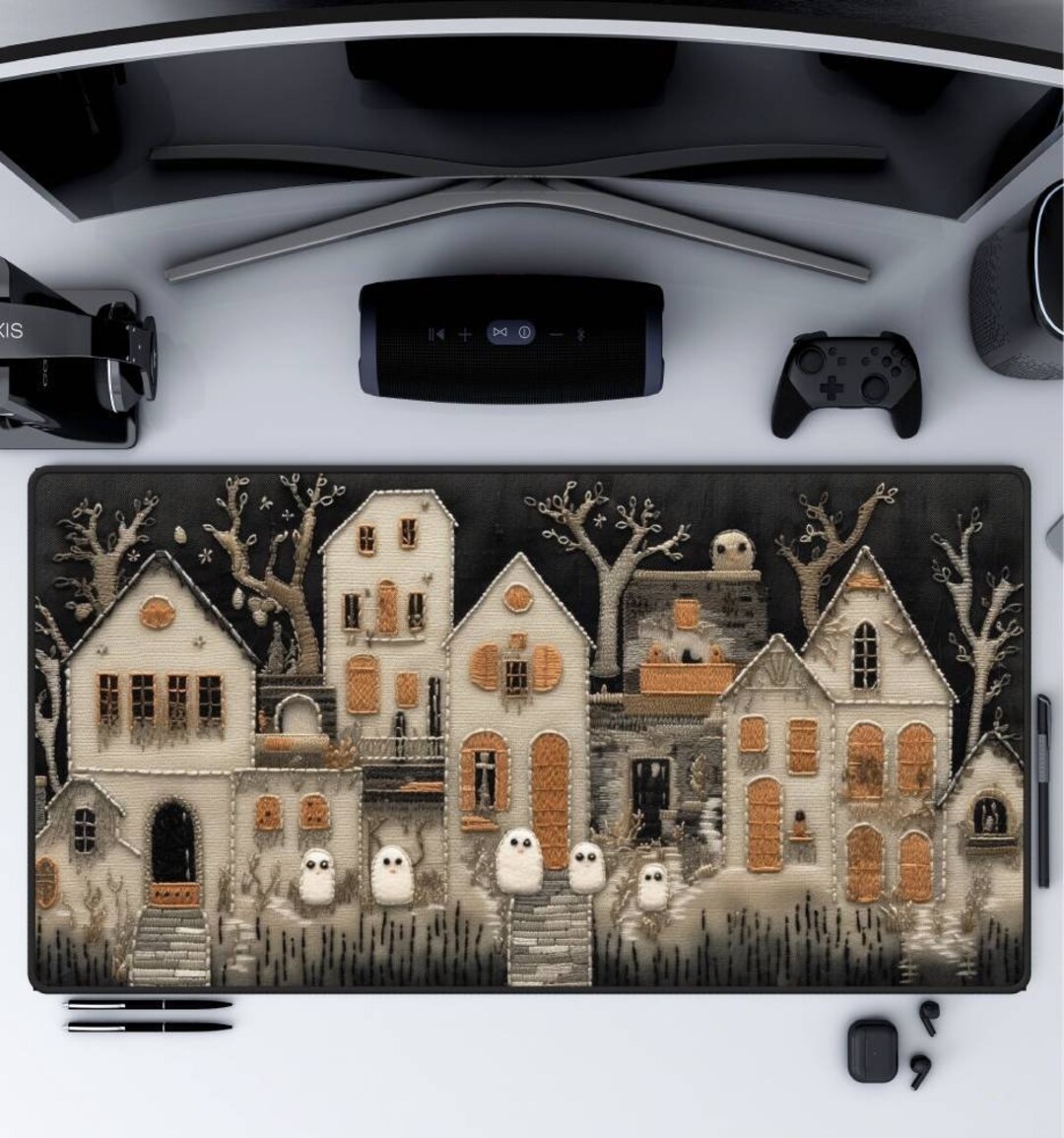 Haunted House With Ghosts Desk Mat, Embroidered Town Pattern Deskmat ...