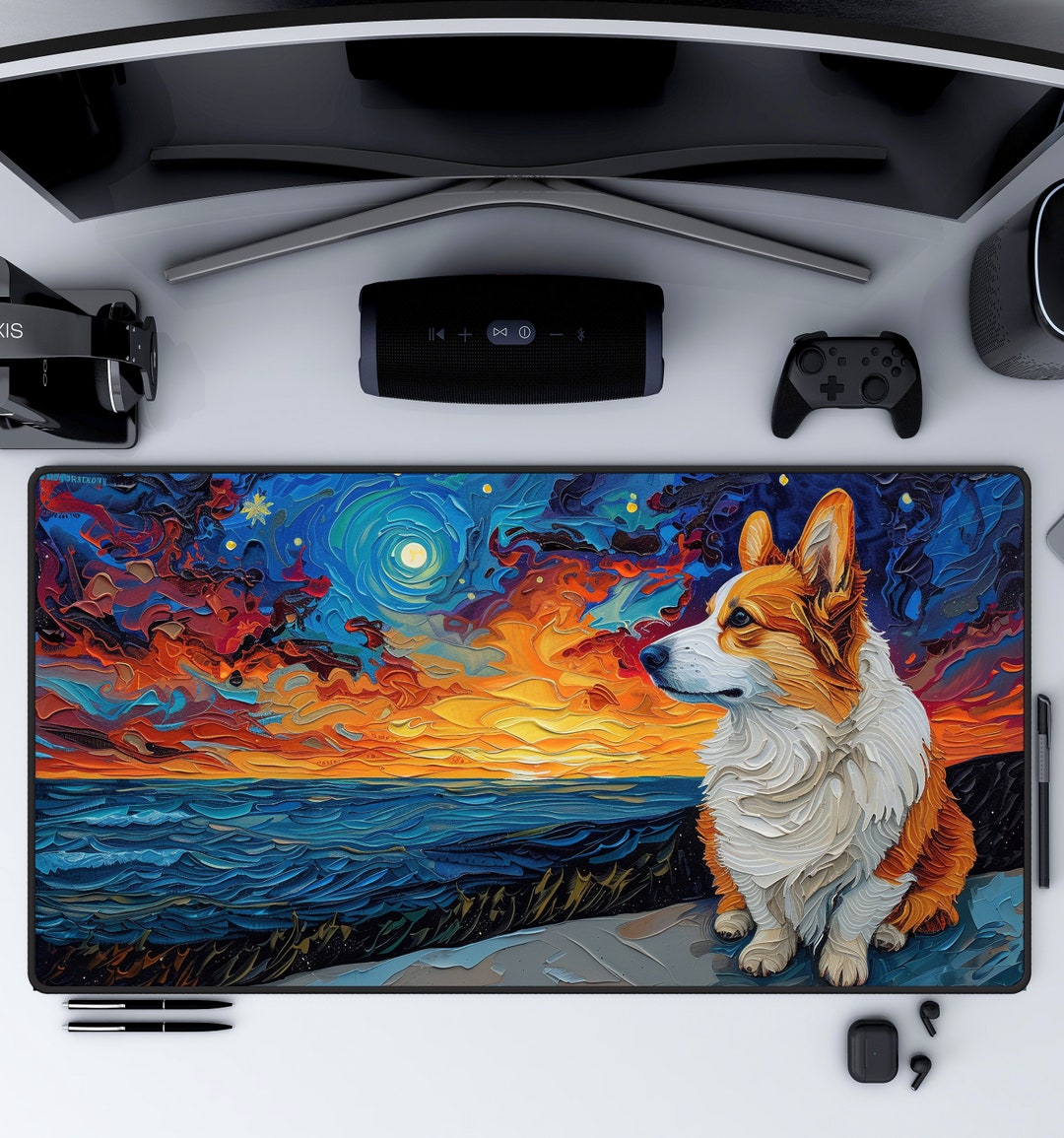 Colorful Corgi Desk Mat, Starry Night Ocean Landscape, Dog Large Mouse ...