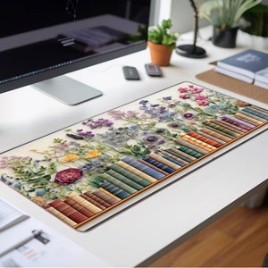 Book Desk Mat Bookish, Floral Bookshelf Desk Mat, Large Mouse Pad With ...