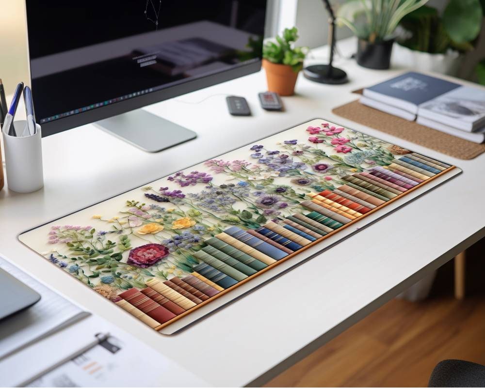 Book Desk Mat Bookish, Floral Bookshelf Desk Mat, Large Mouse Pad With ...
