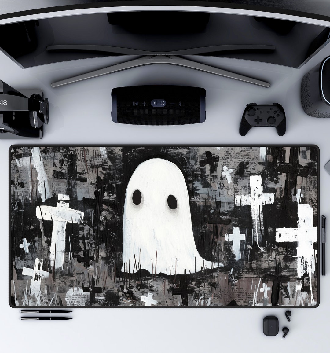 Cute Ghost Desk Mat Kawaii Anime Deskmat Black and White Cute Ghost ...