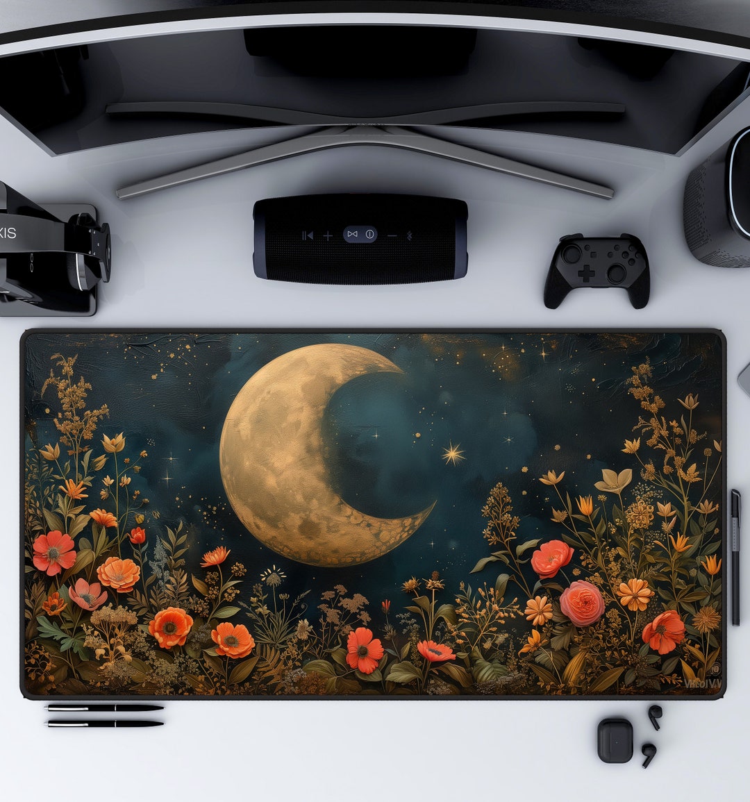 Large Floral Crescent Moon Desk Mat, Aesthetic Office Desk Accessory ...