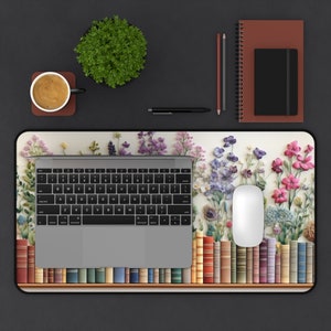 Book Desk Mat Bookish, Floral Bookshelf Desk Mat, Large Mouse Pad With ...