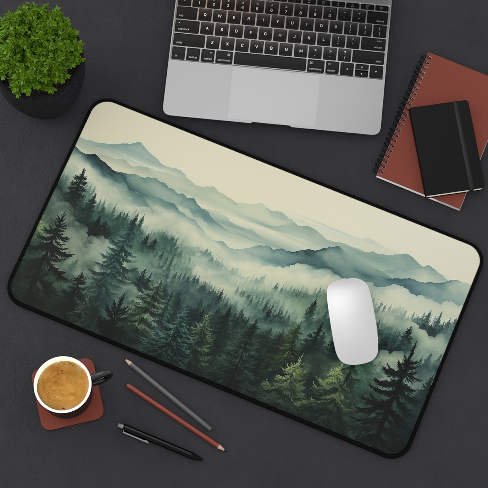 Large Desk Mat With Misty Forest Landscape, Serene Office Decor, Nature ...