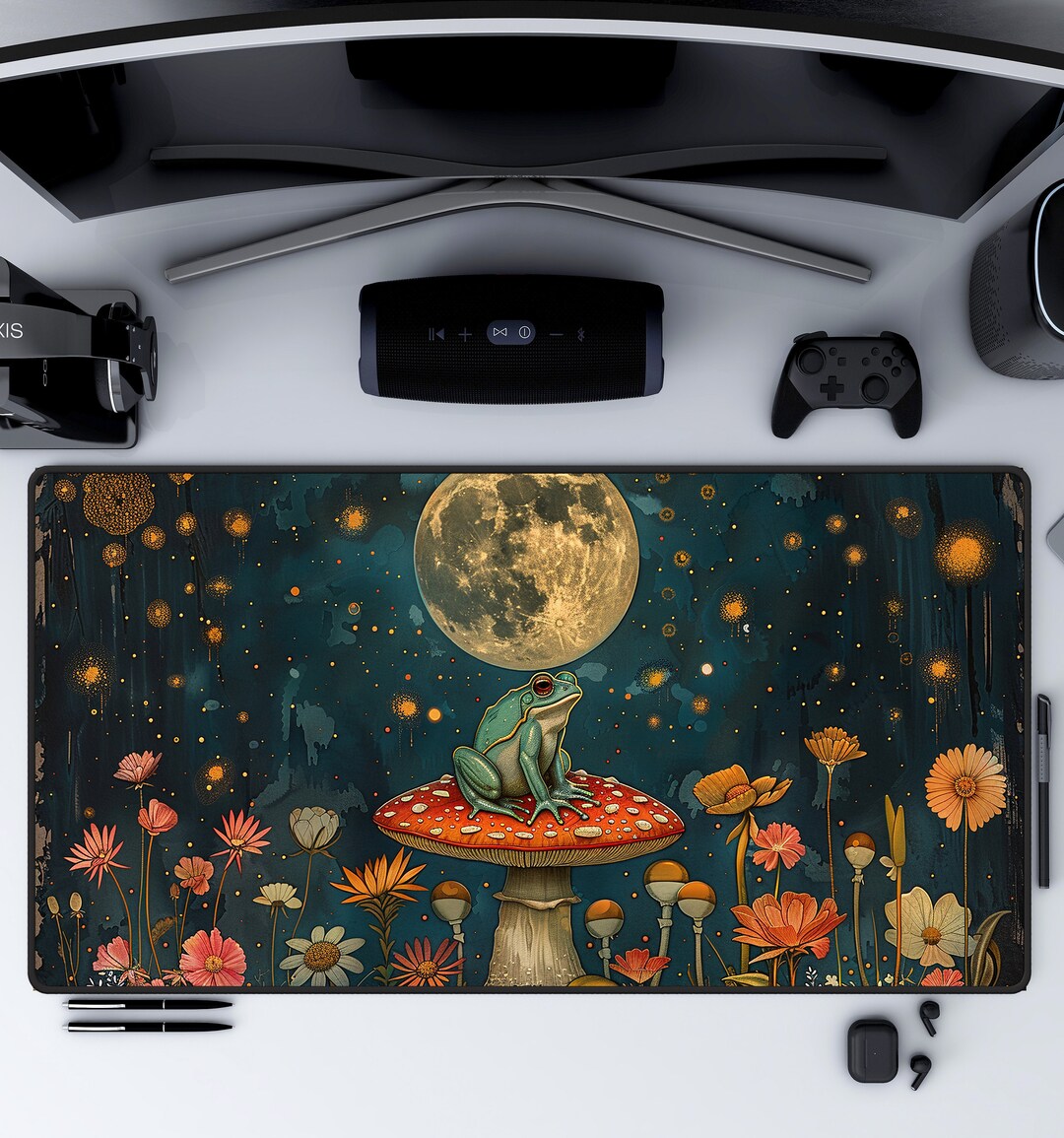 Frog Desk Mat, Large Fantasy Frog Deskmat, Moonlit Night Mushroom ...