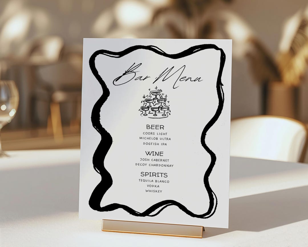 Wedding Bar Menu Template, Wavy Border & Handwritten Font, Printable - Etsy