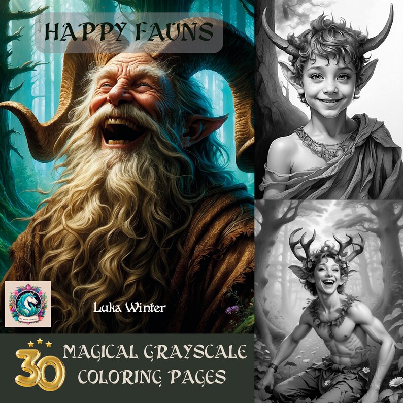 Happy Fauns | 30 Magical Grayscale Coloring Pages | Fantasy Art | Faun ...