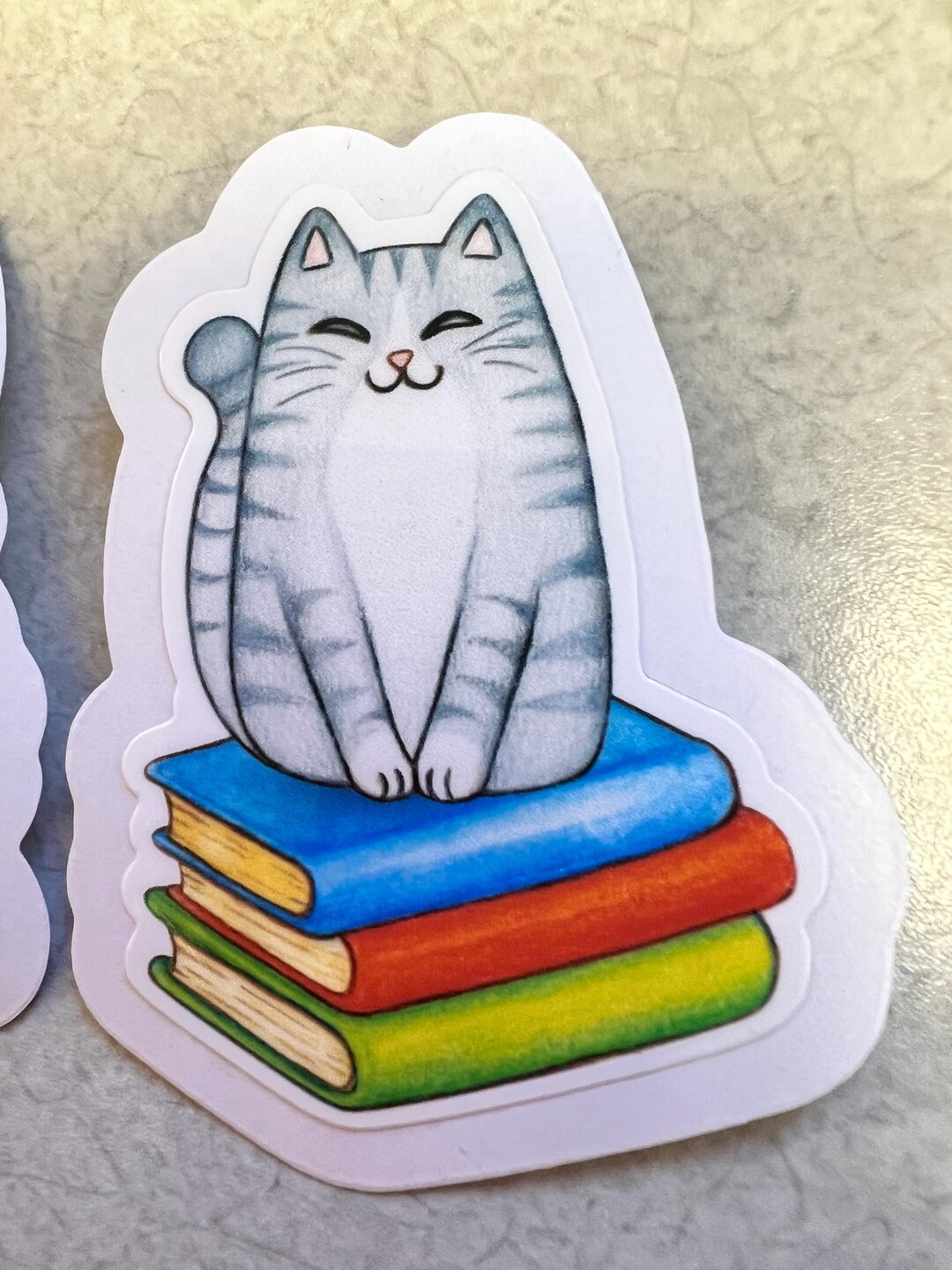 Cat on Stack of Books Stickers (2) Laminated and Easy Peel (approx 2.0 ...