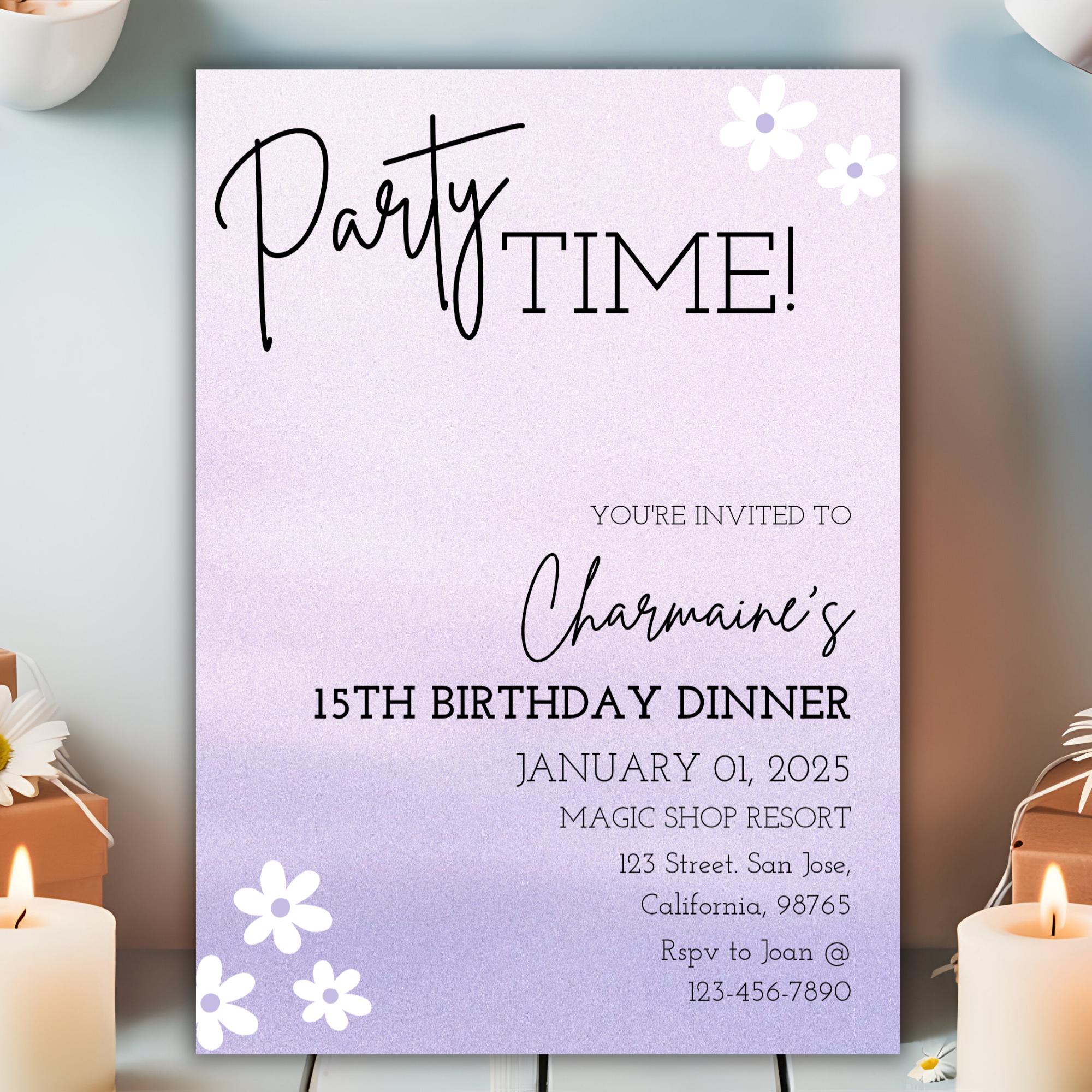 Purple Birthday Invitation Template | Purple Flower Bday Party Invite ...