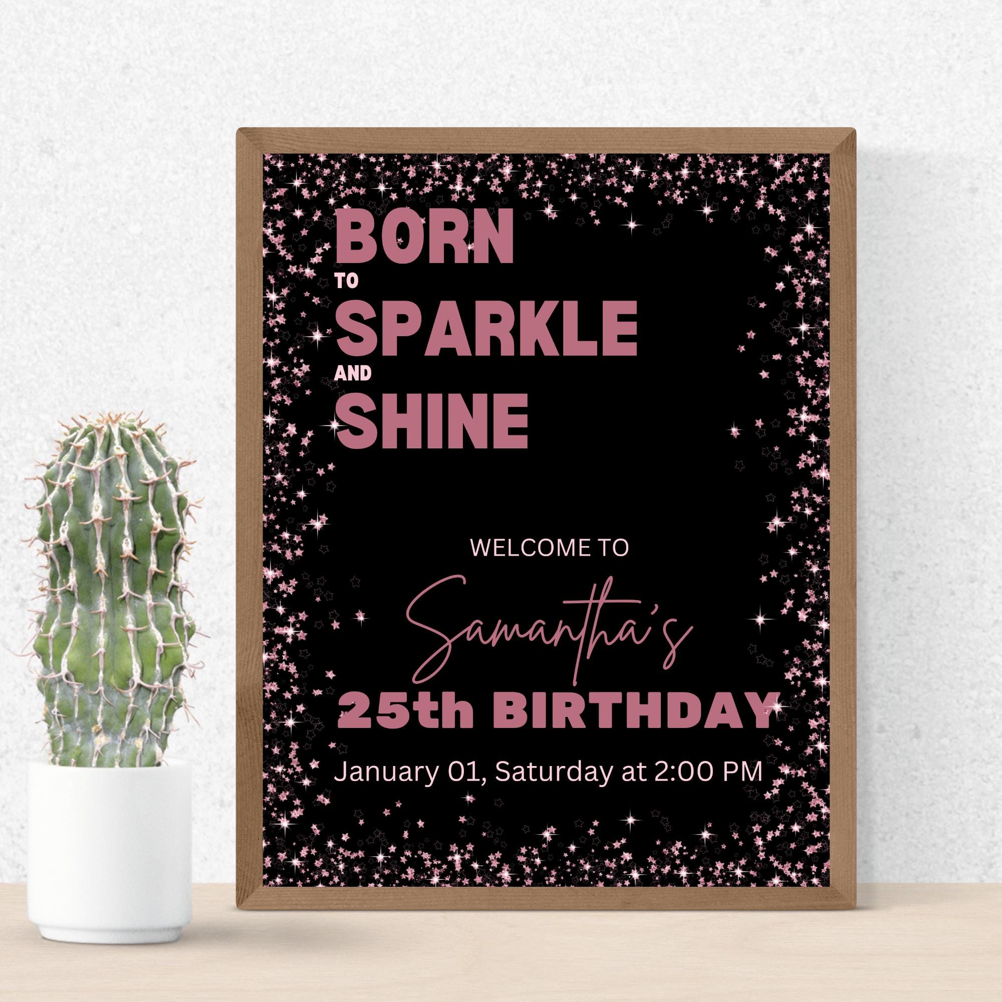 Pink Glitter Star 25th Birthday Welcome Sign: Black Sparkle Theme (DIY ...