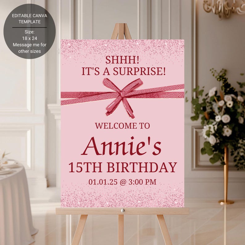Pink Glitter Ribbon 15th Birthday Sign: Canva Template (digital ...