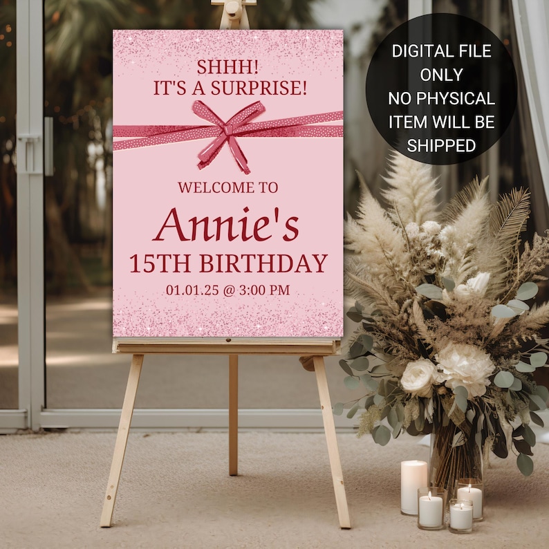 Pink Glitter Ribbon 15th Birthday Sign: Canva Template (digital ...