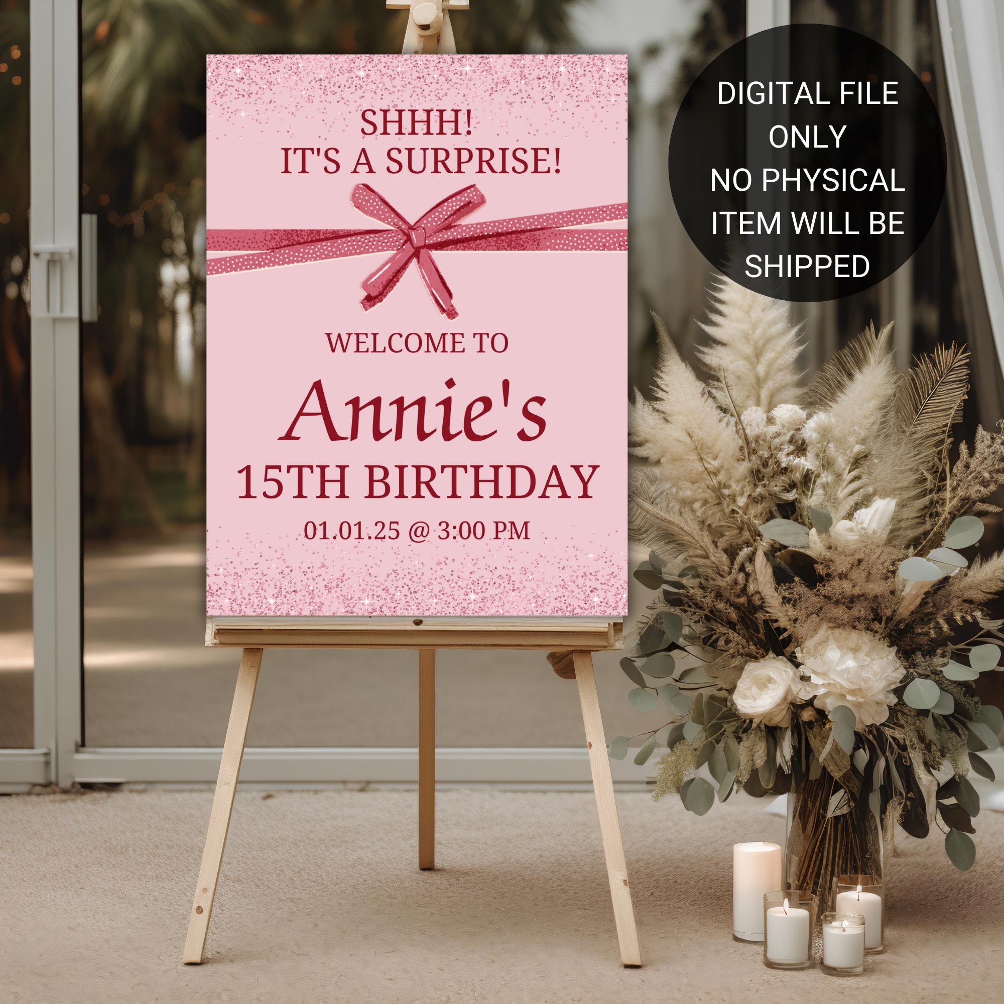 Pink Glitter Ribbon 15th Birthday Sign: Canva Template (digital ...
