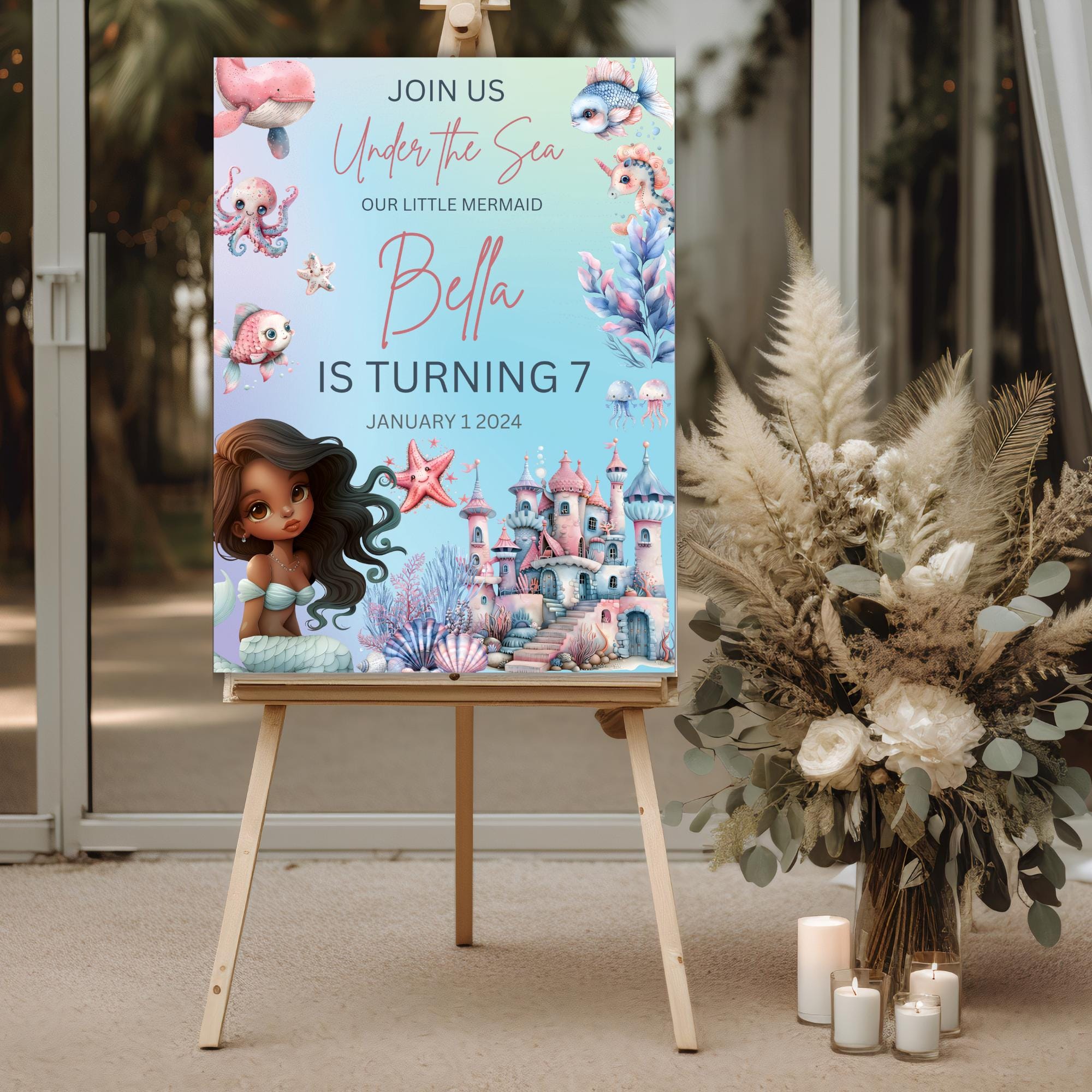 Editable Mermaid Birthday Welcome Sign: Under the Sea Party (digital ...