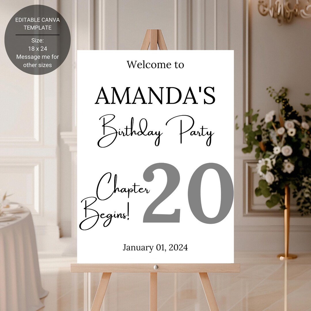 20th Birthday Welcome Sign: Editable Canva Template (digital Download ...