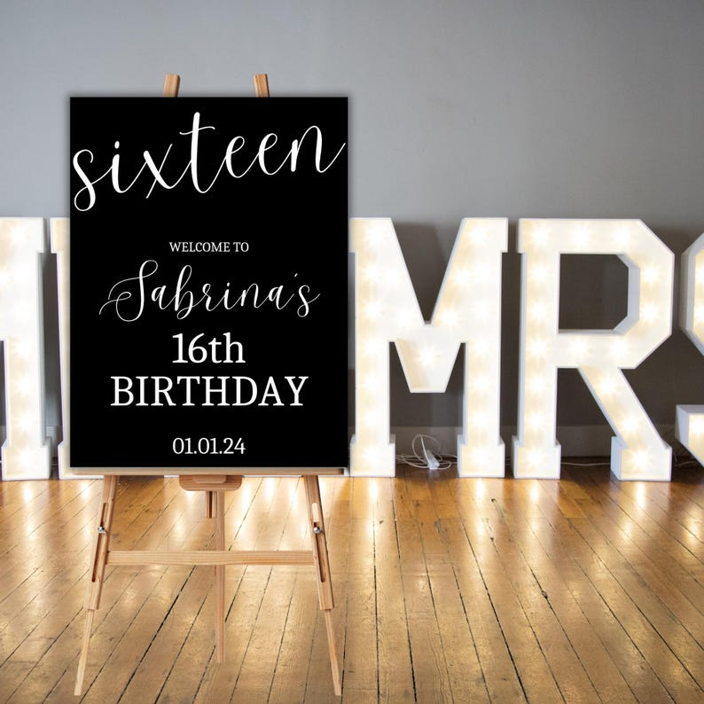 Elegant Sweet 16 Birthday Sign Black and White Minimalist Party Decor ...