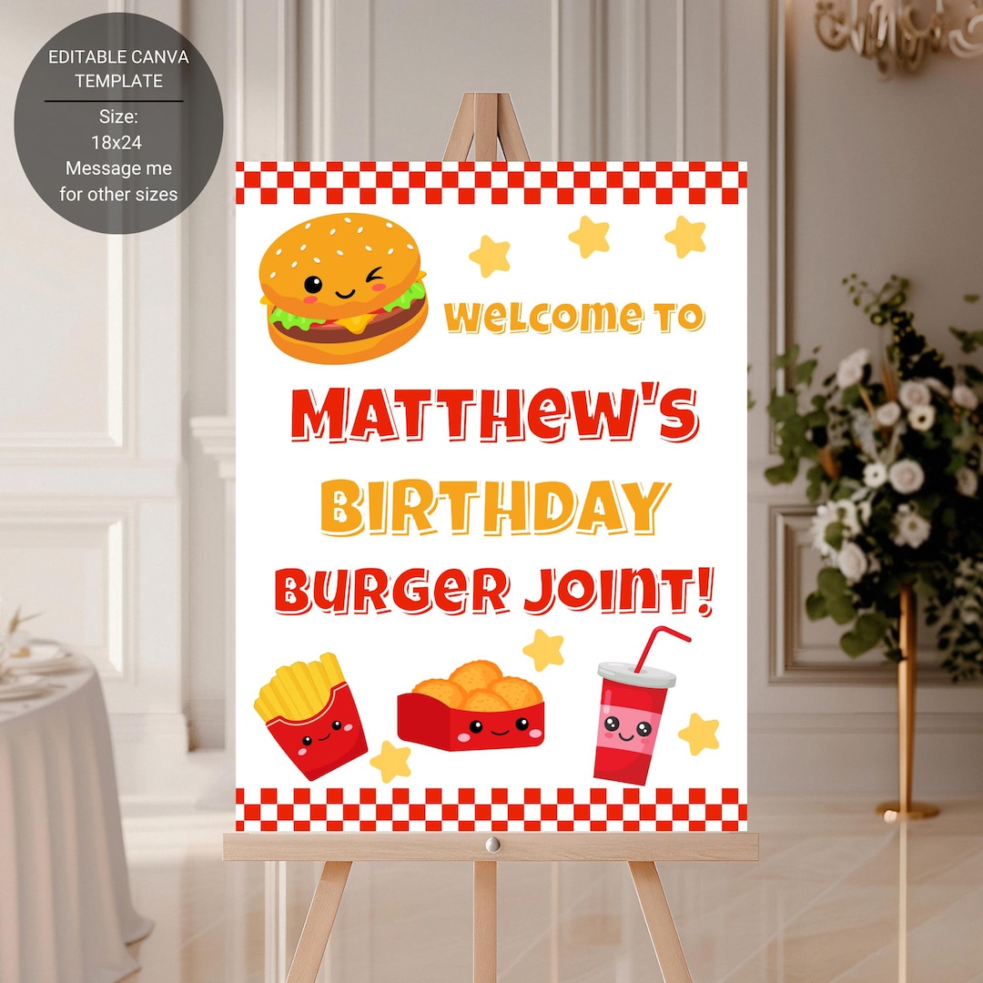 Editable Burger Party Sign | Burger Birthday Party Welcome Poster ...