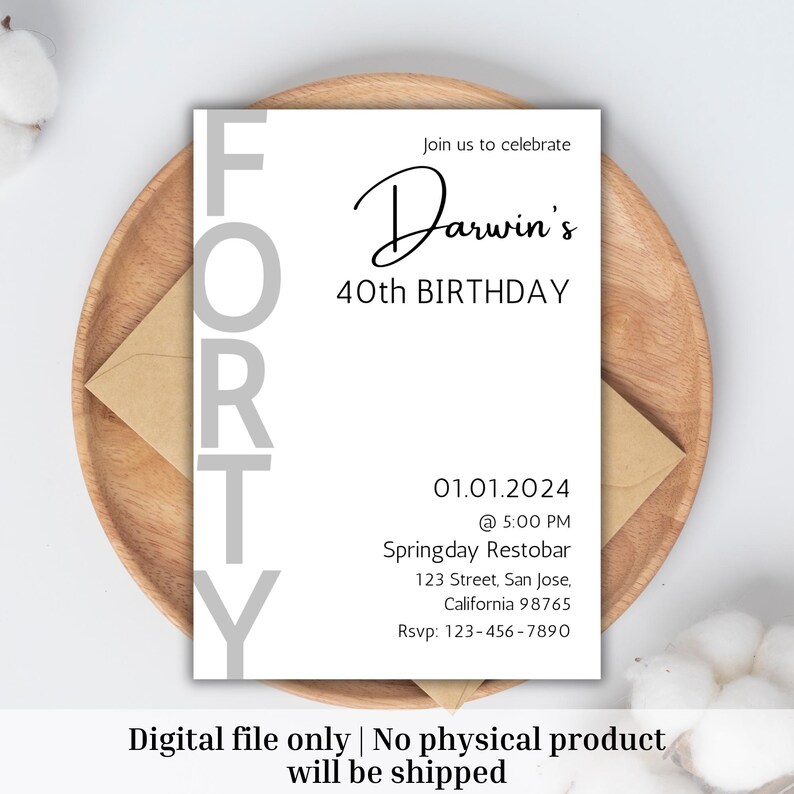 Editable 40th Birthday Invitation Template: Simple Design (digital ...