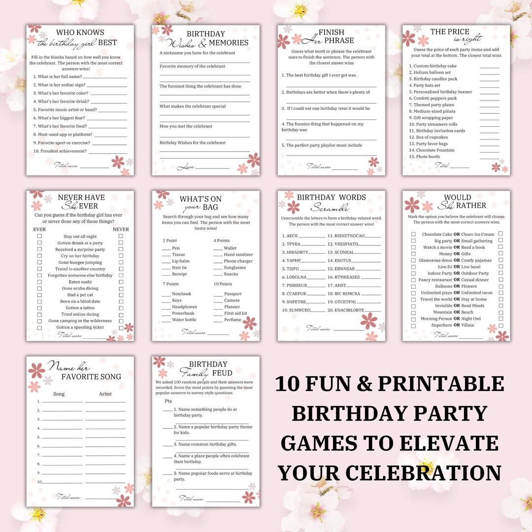 10 Birthday Games for Her | Editable Flower Design Bday Party Games for ...