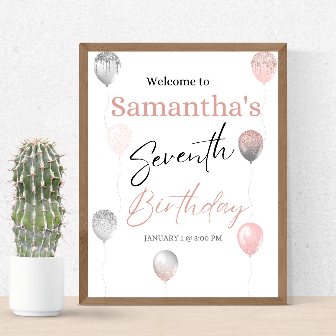 Pink & Silver 7th Birthday Welcome Sign Template (digital Download) - Etsy