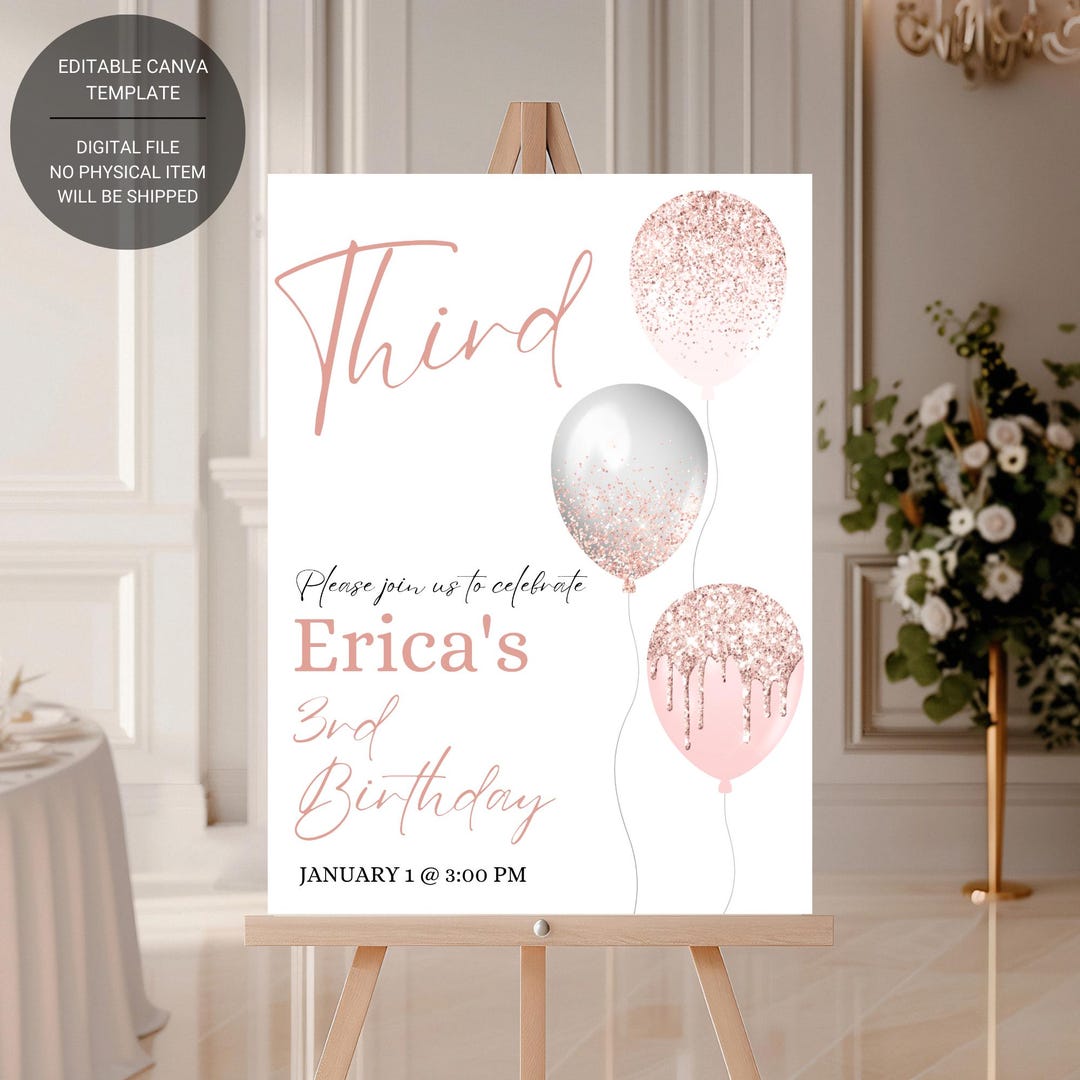 Editable Pink Balloon Welcome Sign, Minimalist Pink 3rd Birthday ...