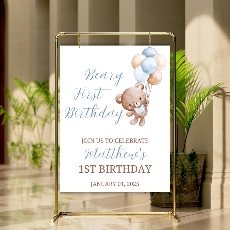 Beary First Birthday Welcome Sign: Teddy Bear Party (digital Download ...