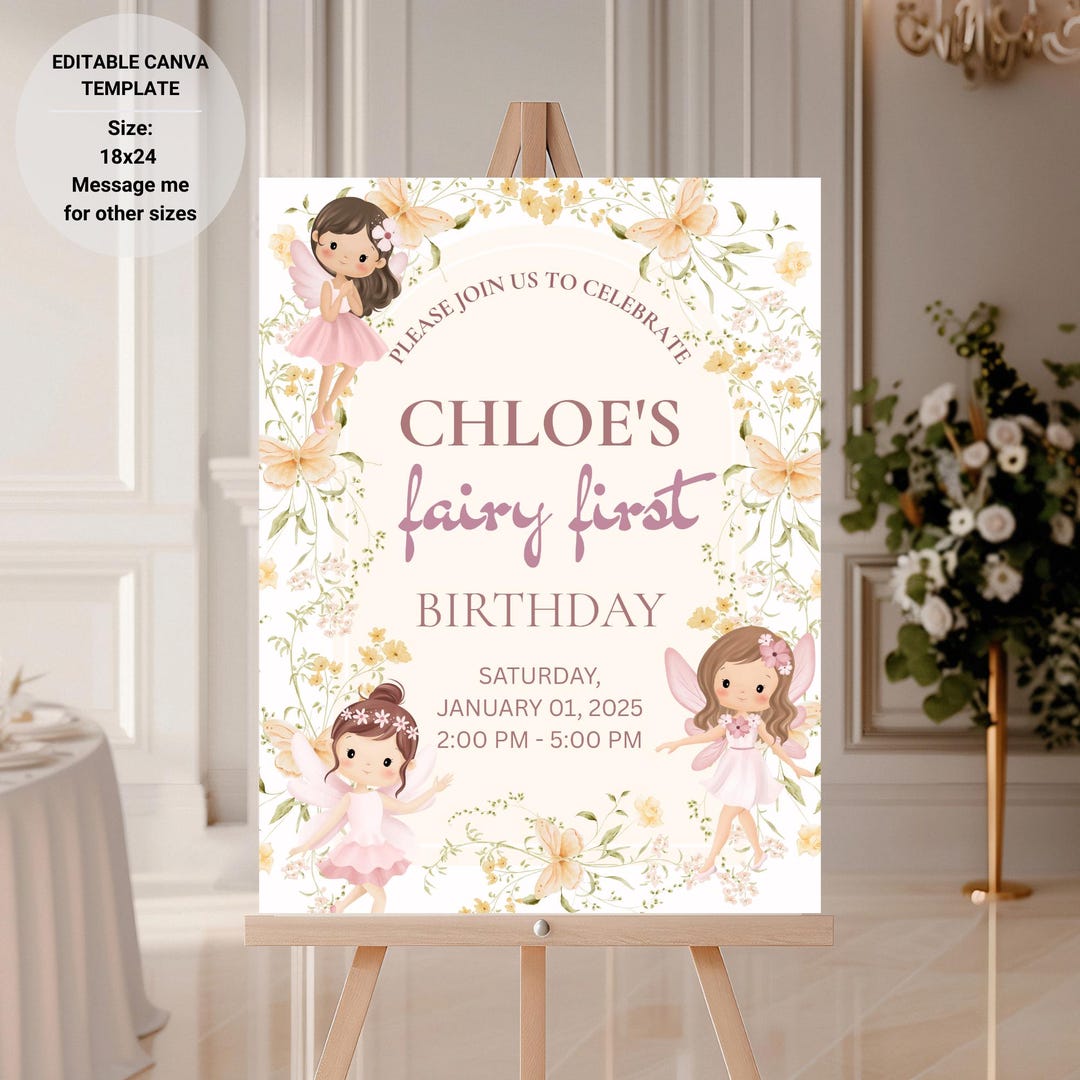 Editable Fairy First Birthday Welcome Sign: Blush Wildflower Garden 1st ...