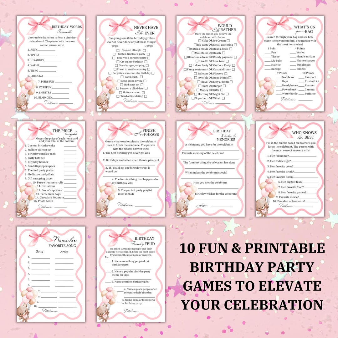 10 Printable Party Games Bundle, Girl Birthday Games (digital Download ...