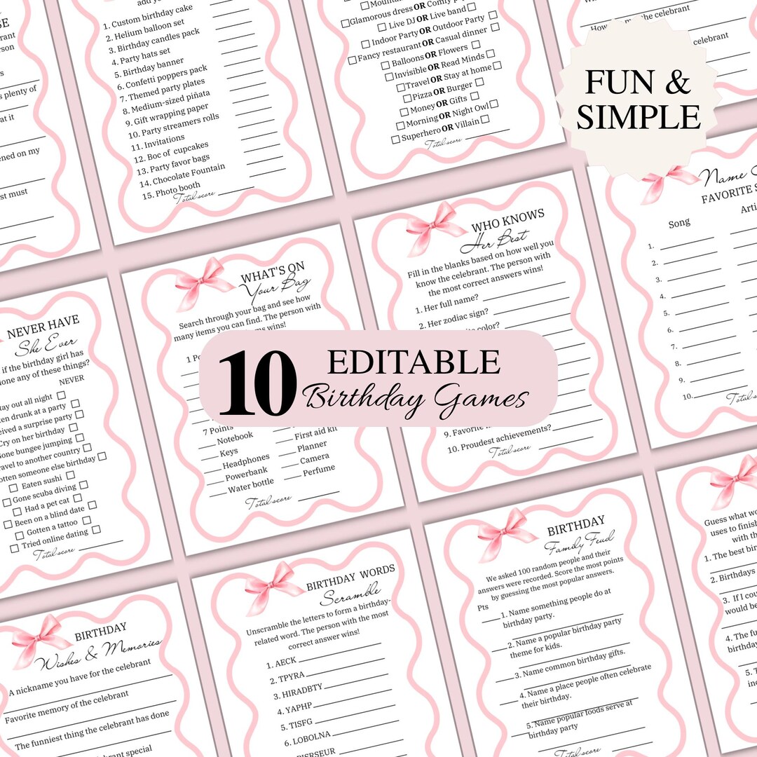 Fun Birthday Games Printable, Coquette Pink Bow Birthday Party Activity ...