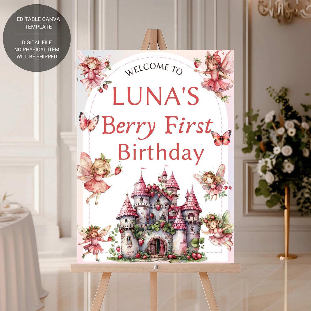Berry First Birthday Welcome Sign: Editable Strawberry Party Decor ...
