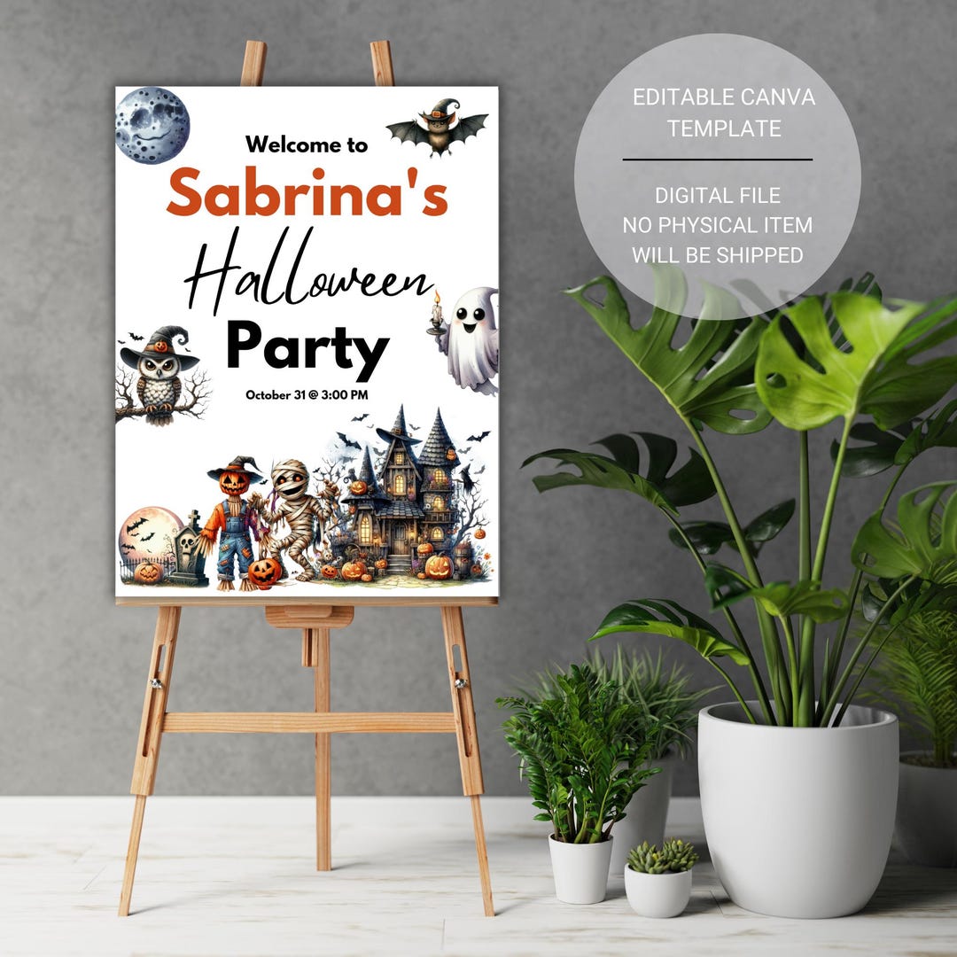 Editable Halloween Party Welcome Sign: Canva Template (digital Download ...