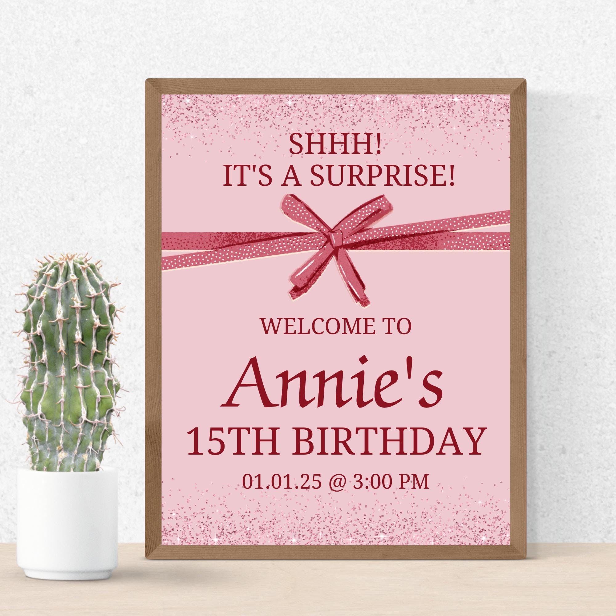 Pink Glitter Ribbon 15th Birthday Sign: Canva Template (digital ...