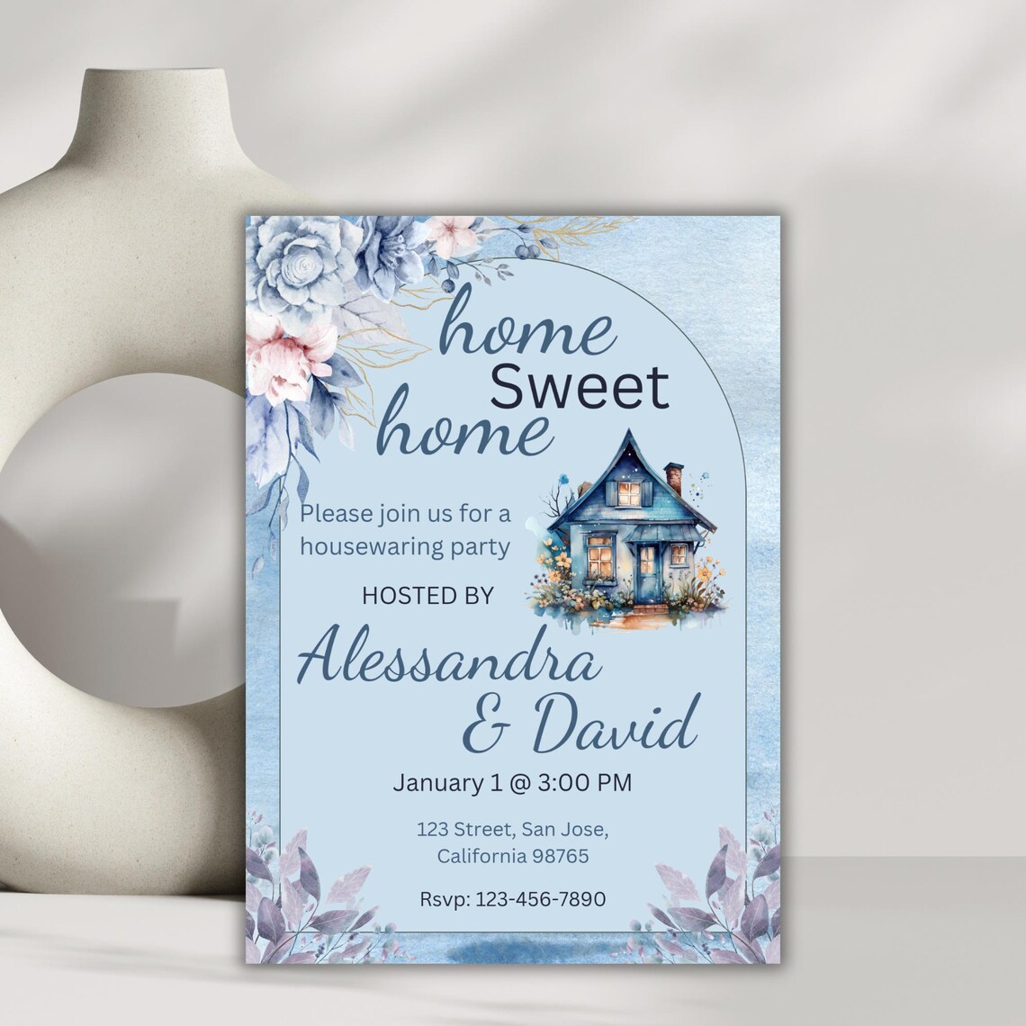 Watercolor Housewarming Invitation, Editable Canva Template, Blue ...