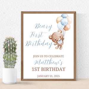 Beary First Birthday Welcome Sign: Teddy Bear Party (digital Download ...
