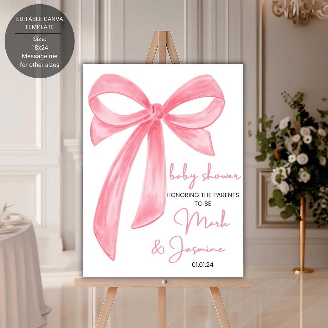 Coquette Pink Bow Baby Shower Welcome Sign, Watercolor Ribbon Poster ...
