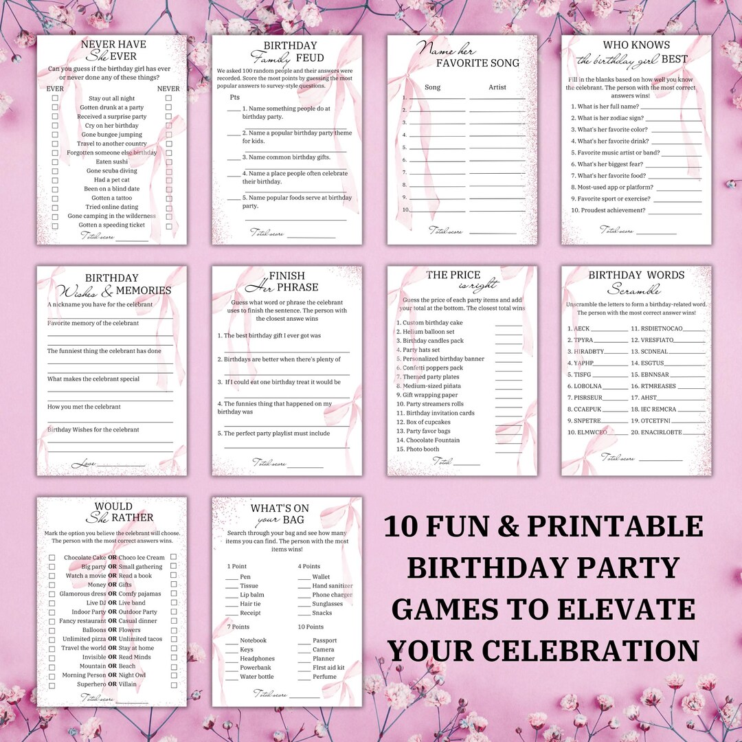 10 Printable Pink Bow Birthday Party Games, Ribbon Birthday Theme ...