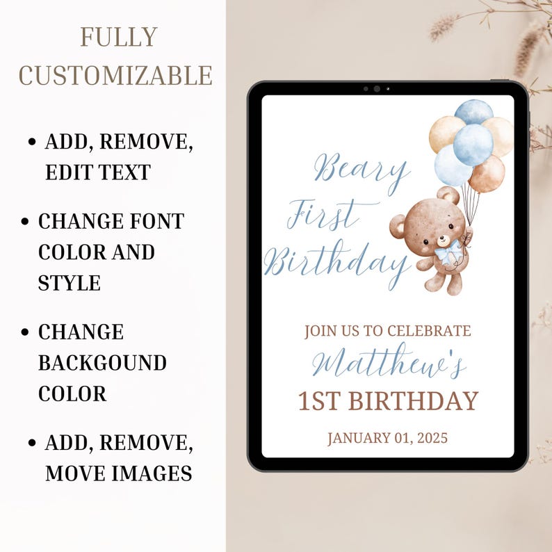 Beary First Birthday Welcome Sign: Teddy Bear Party (digital Download ...