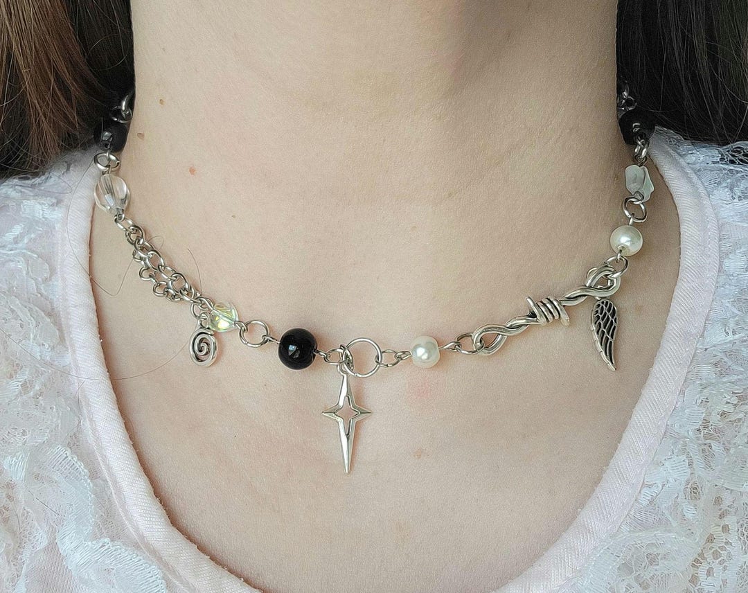 Silver Y2k Beaded Choker Necklace / Grunge Cyber Fairy Acubi Jewelry ...