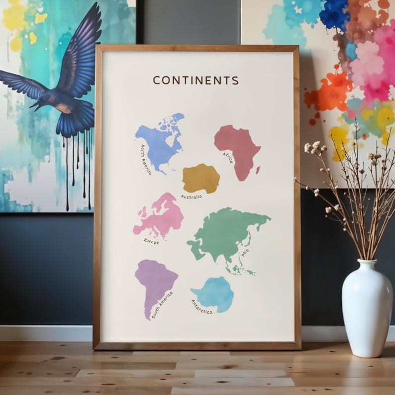 Continents World Map Poster | Montessori Geography Print (instant ...