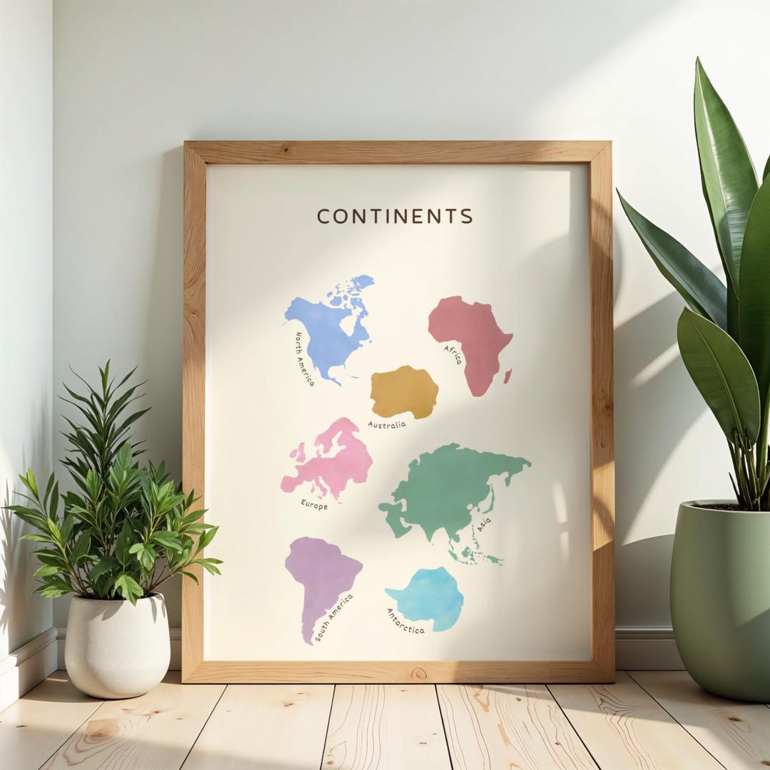 Continents World Map Poster | Montessori Geography Print (instant ...