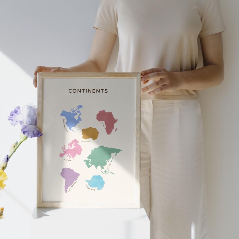 Continents World Map Poster | Montessori Geography Print (instant ...