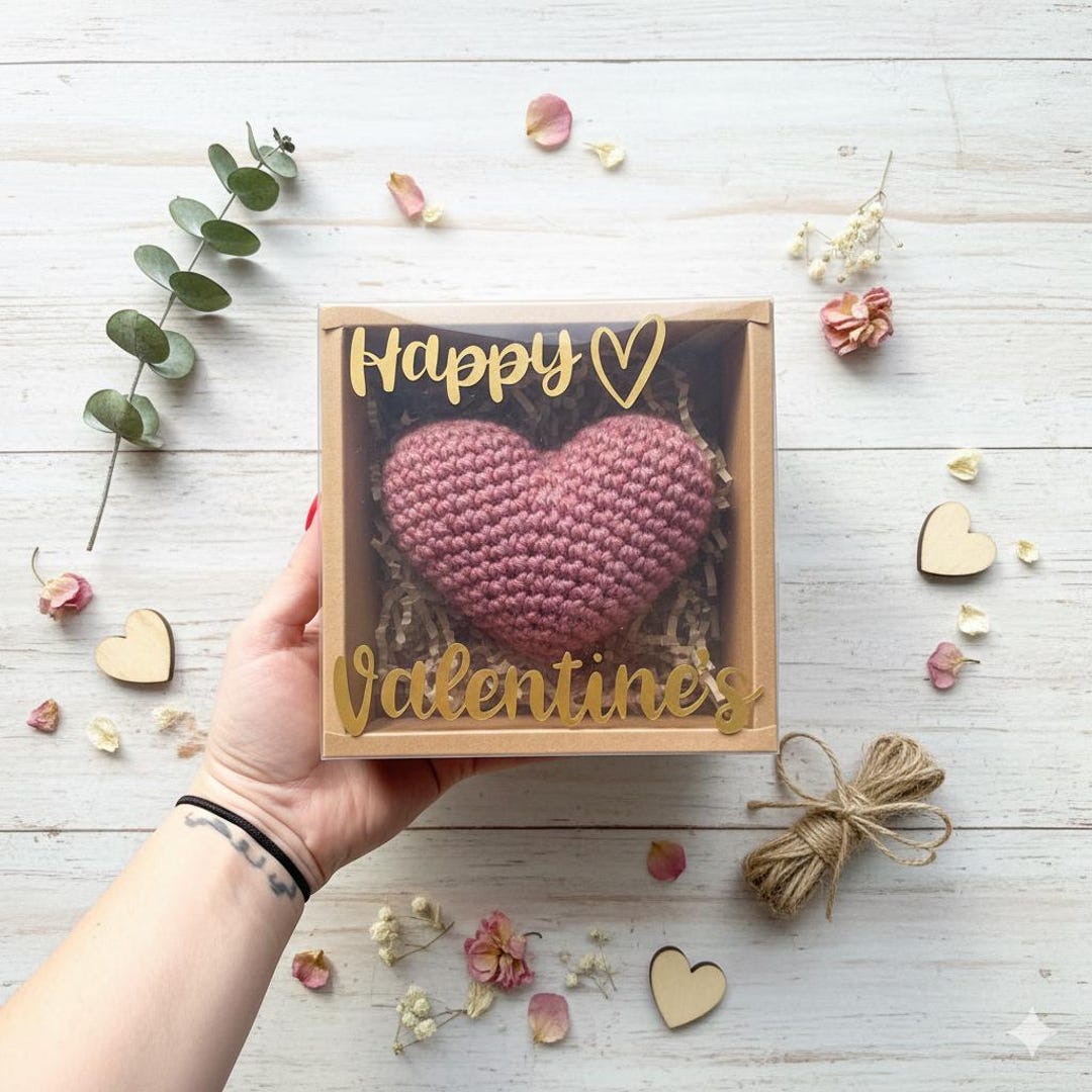 Crochet Heart Valentine Gift in Gift Box | Handmade Pink Heart Decor ...