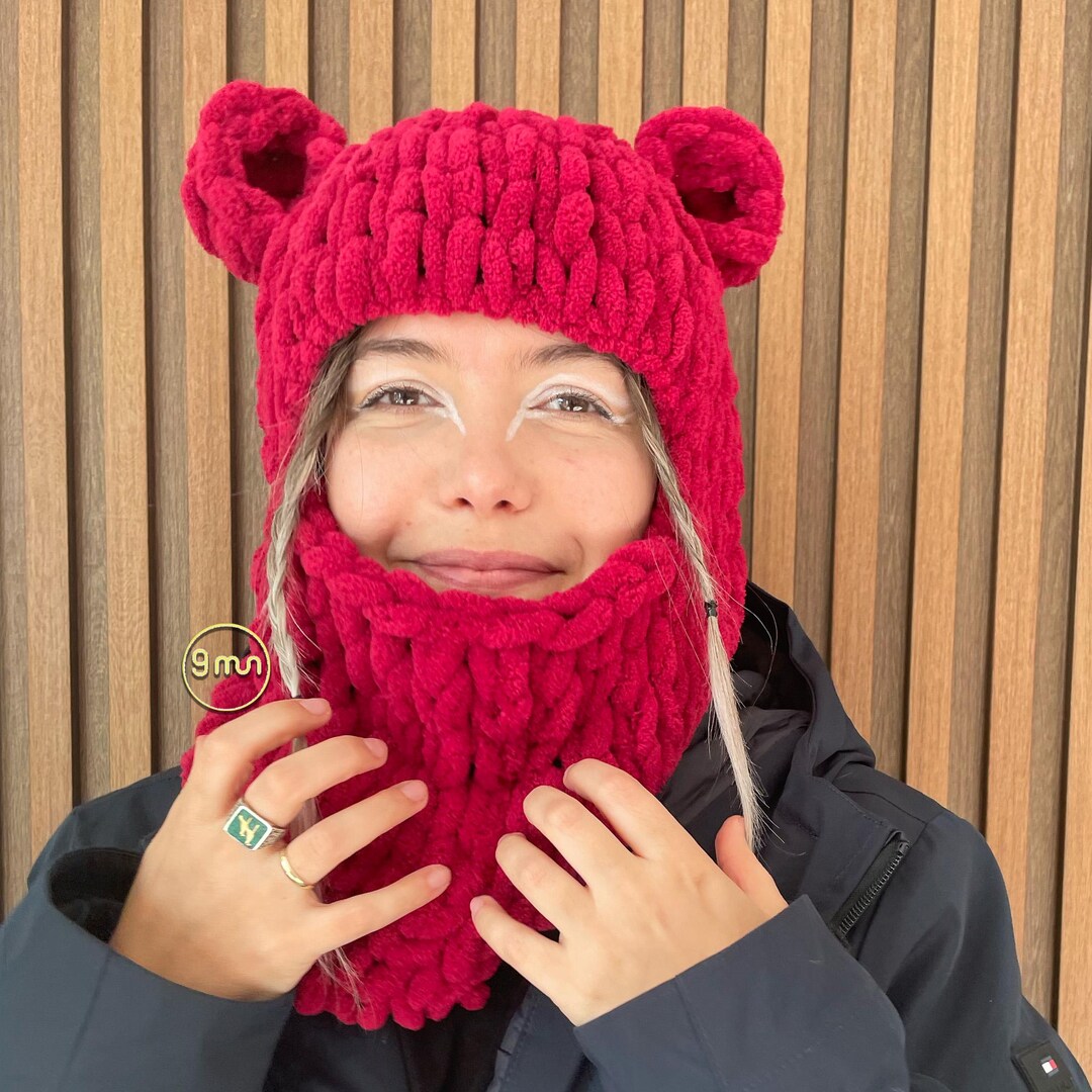 Balaclava Ski Helmet Cover Teddy Bear Handknit Red Hood Mask Handmade ...