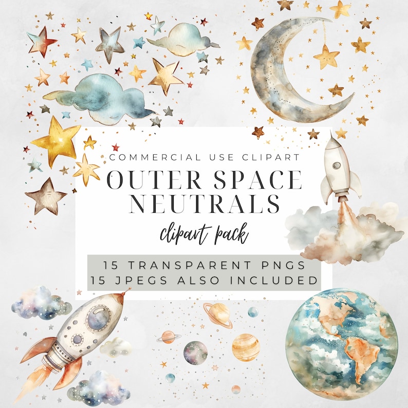 Watercolor Space Clipart Bundle Astronaut Rocket PNG Planets Moons ...