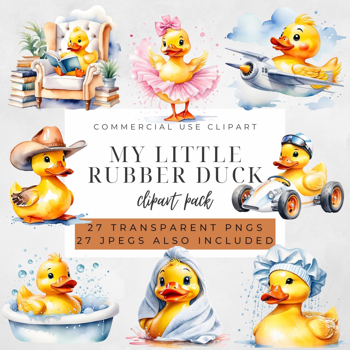 Rubber Duck Clipart, Bath Time Duck Images, Watercolor Illustrations ...