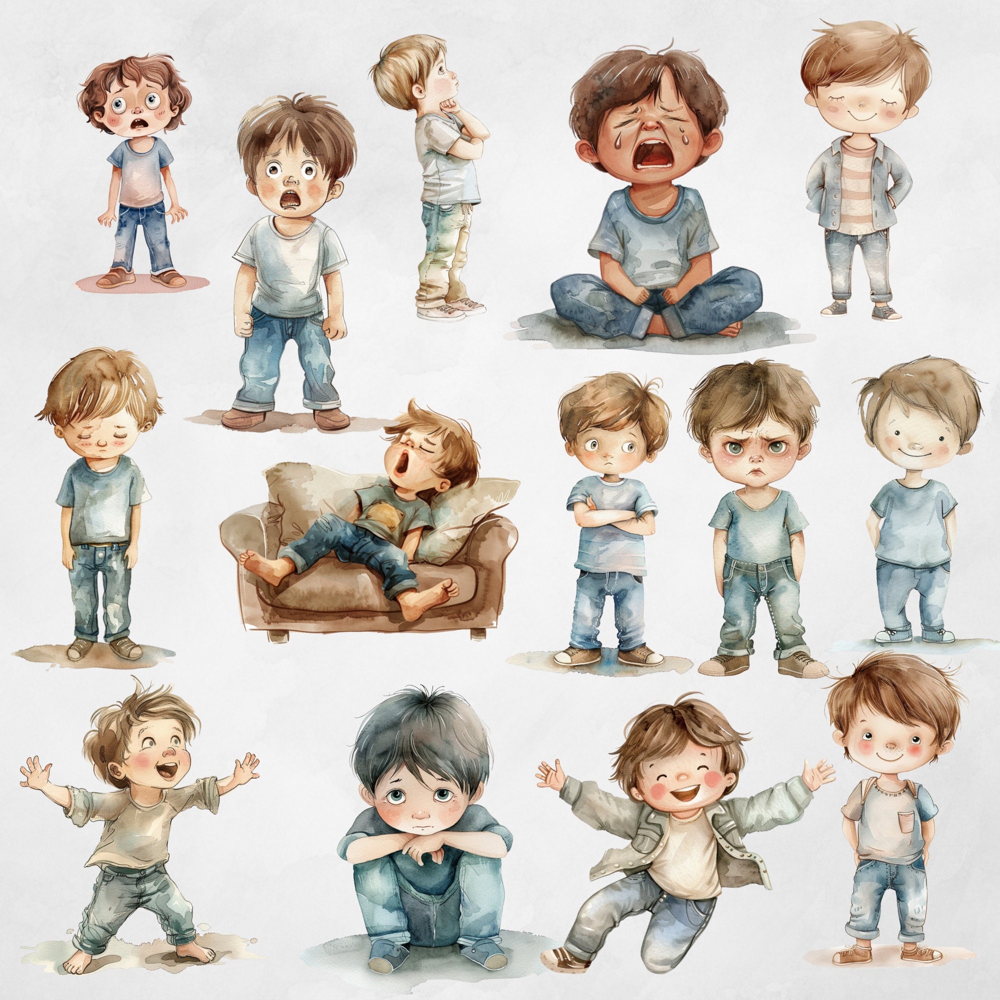 Emotions & Facial Expressions Clipart Chibi Style for Boys Educational ...