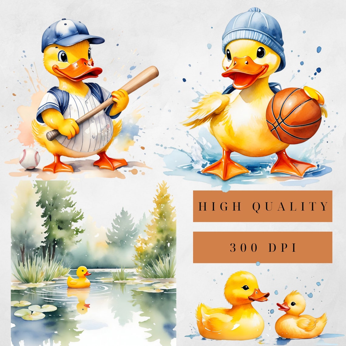 Rubber Duck Clipart, Bath Time Duck Images, Watercolor Illustrations ...