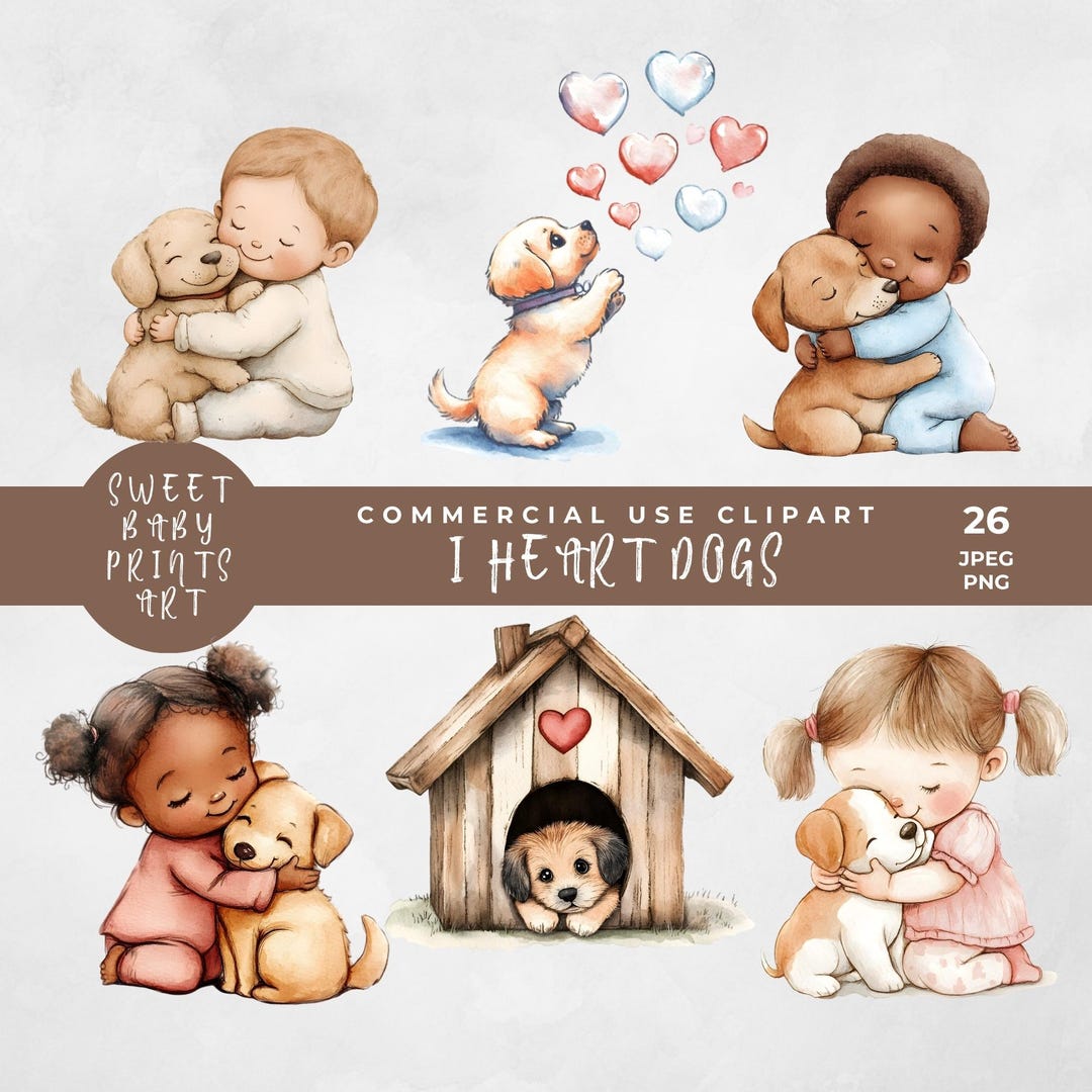 Watercolor I Heart Dogs Clipart, Cute Puppies and Hearts, Baby Hugging Dogs Illustrations for ...