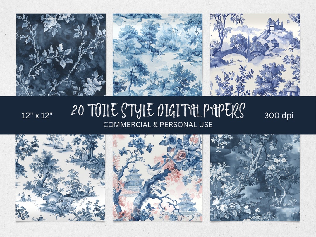 Blue Toile Digital Paper, Digital Download Scrapbooking Paper, Junk ...